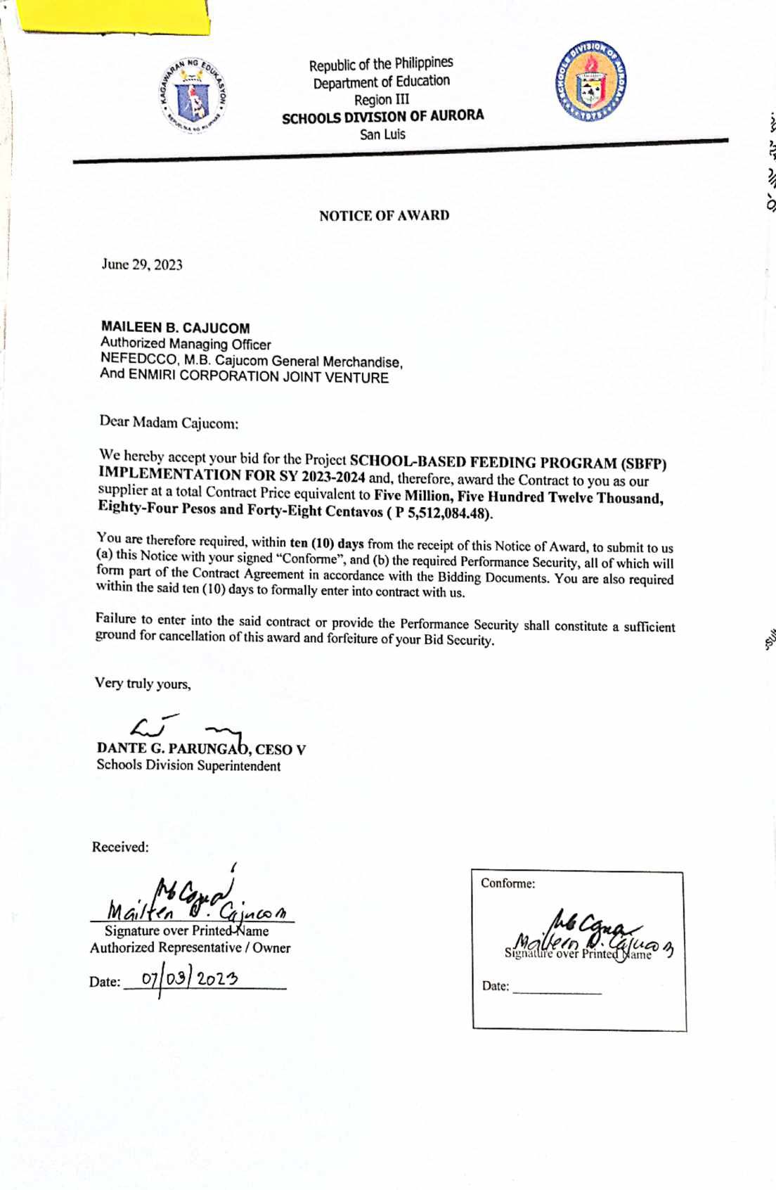 POSTING OF AWARD- IMPLEMENTATION OF SCHOOL-BASED FEEDING PROGRAM FOR SY ...