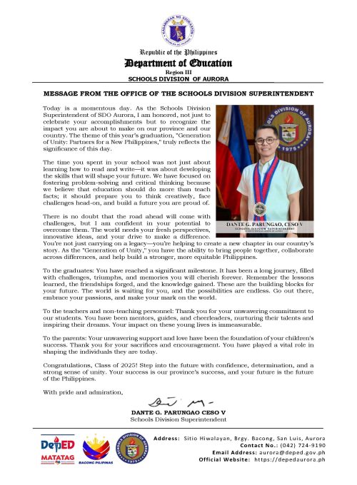 SDS MESSAGE FOR GRADUATION 2025 | DEPED AURORA