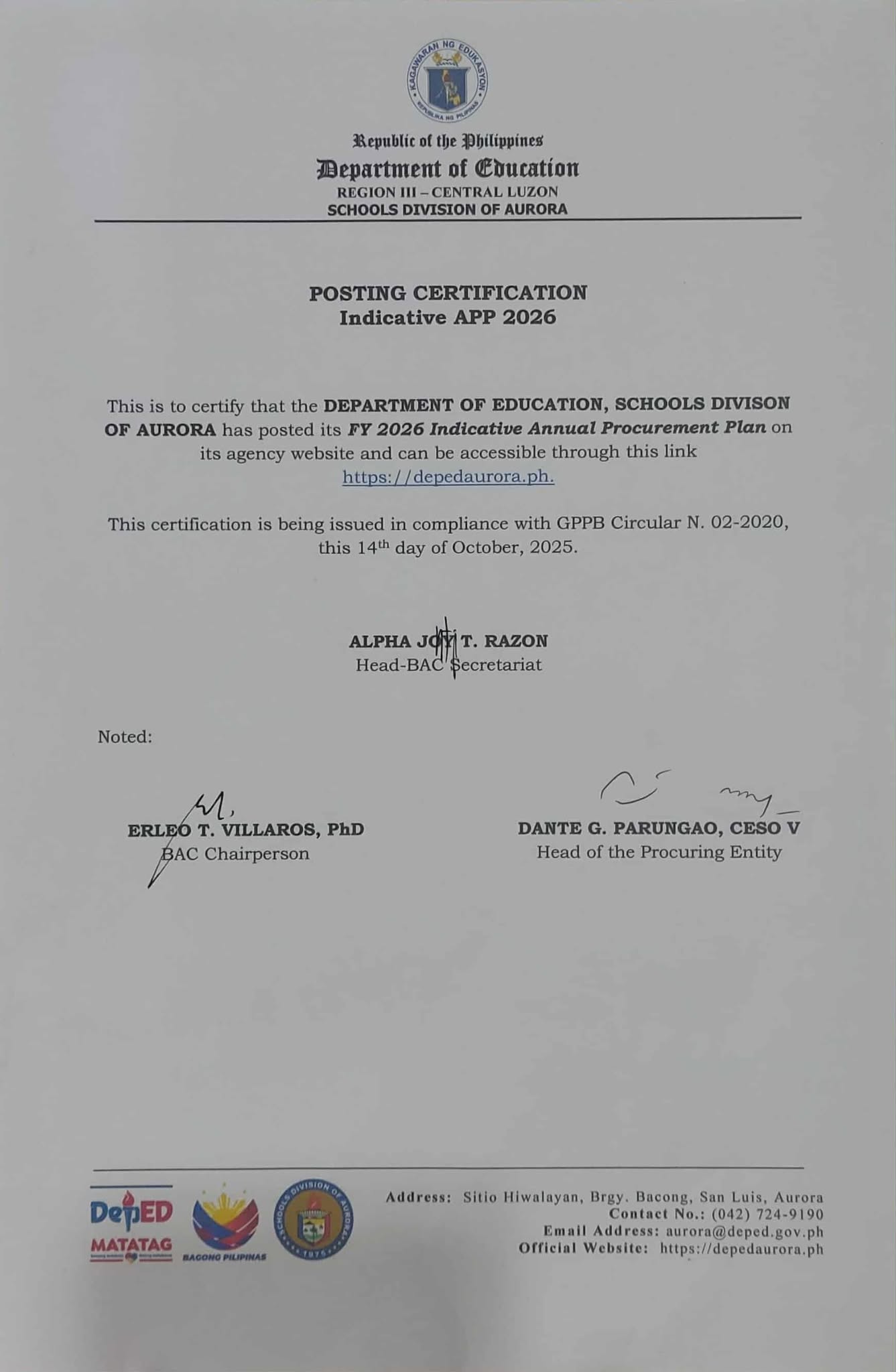 INDICATIVE APP 2026 – CERTIFICATION OF POSTING | DEPED AURORA